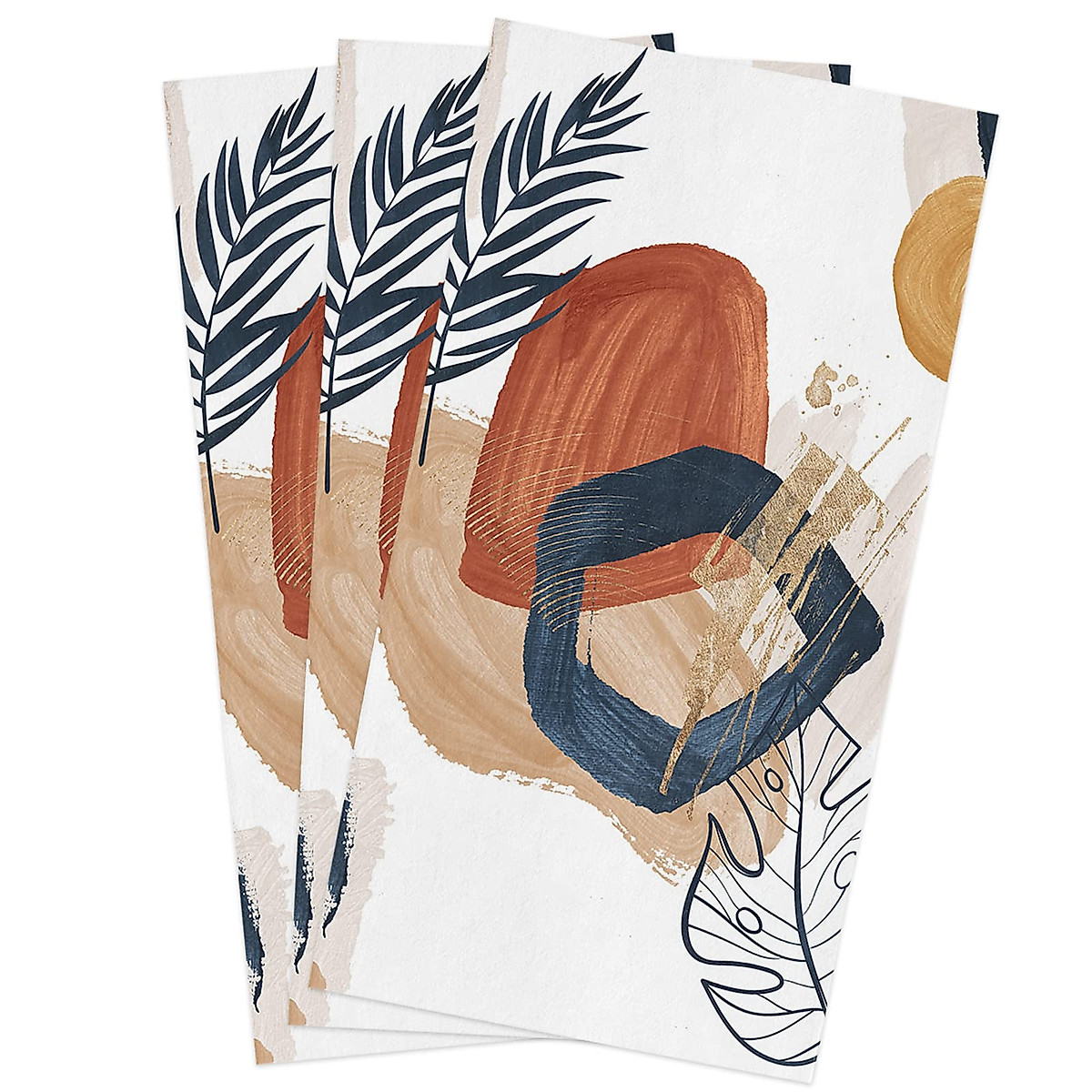 Kitchen Towels Dish Towel Set of 3,Abstract Geometric Mid Century Tropical Leaf Absorbent Hand Towels Cleaning Dishcloth Tea Towels,Terracotta Color Block Minimalist Reusable Drying Dish Cloths