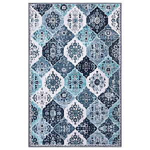 FLYRUGGO Area Rugs, 5x7 Washable Boho Throw Rug Indoor, Moroccan Trellis Bohemian Ultra Soft Large Non-Slip Carpet for Living Room Dining Room Office Bedroom (001-Blue White/Multi, 5x7)