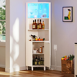 YITAHOME Corner Bar Cabinet with LED Lights & Glass Holder, 5 Tier Corner Shelf with Storage, Wine Rack Cabinet Display Shelves for Living Room, Dining Room, Kitchen, White