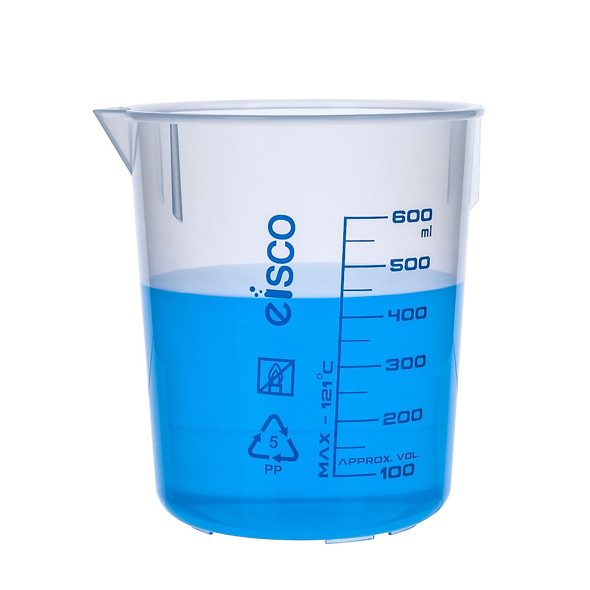 EISCO Premium 600mL Beaker - Polypropylene Plastic, Blue Screen Printed, 50mL Graduations