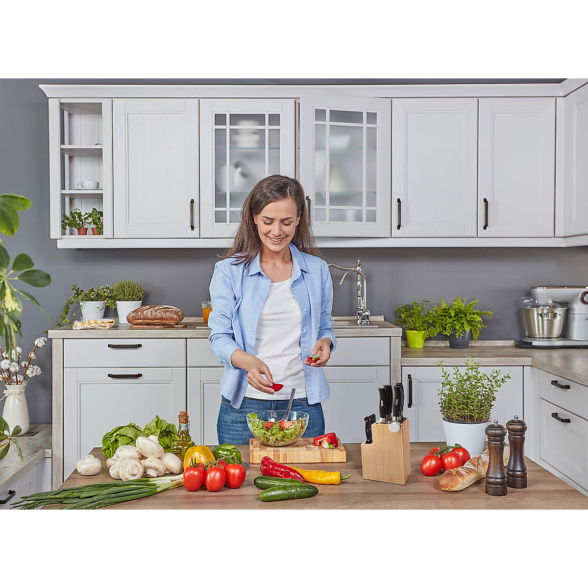 Bamboo Universal Knife Block - Knife Holder with 2 Built-In Knife Sharpeners - 2-Tiered Modern Knife Storage Up to 16 Large and Small Knives Easy Clean Wooden Knife Organizer by Kitchen Seven