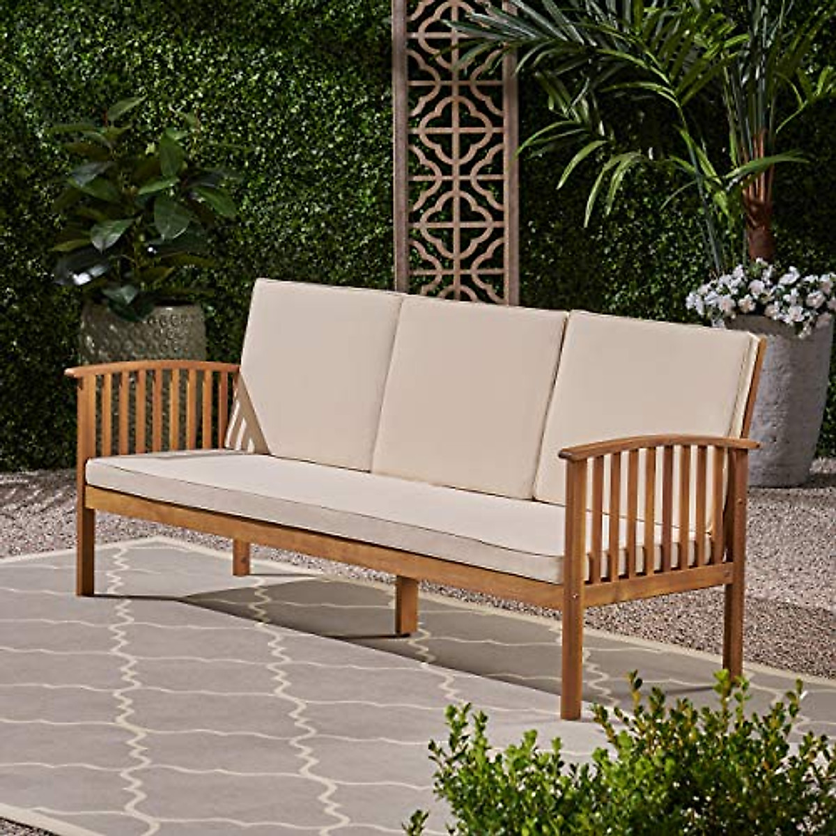 Christopher Knight Home Breenda Outdoor Acacia Wood Sofa with Cushions, Teak Finish, Cream