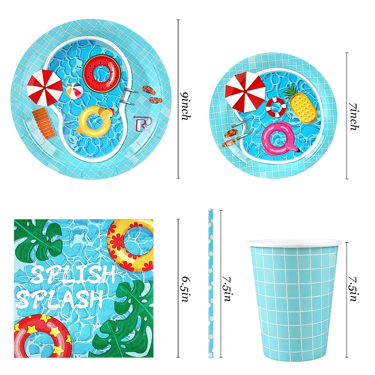 Pool Party Supplies Decorations, Disposable Summer Kids Birthday Paper Plates and Napkins Set with Cups and Straws for 24 Guests, 120 Pcs Beach Party Dessert Dinnerwares