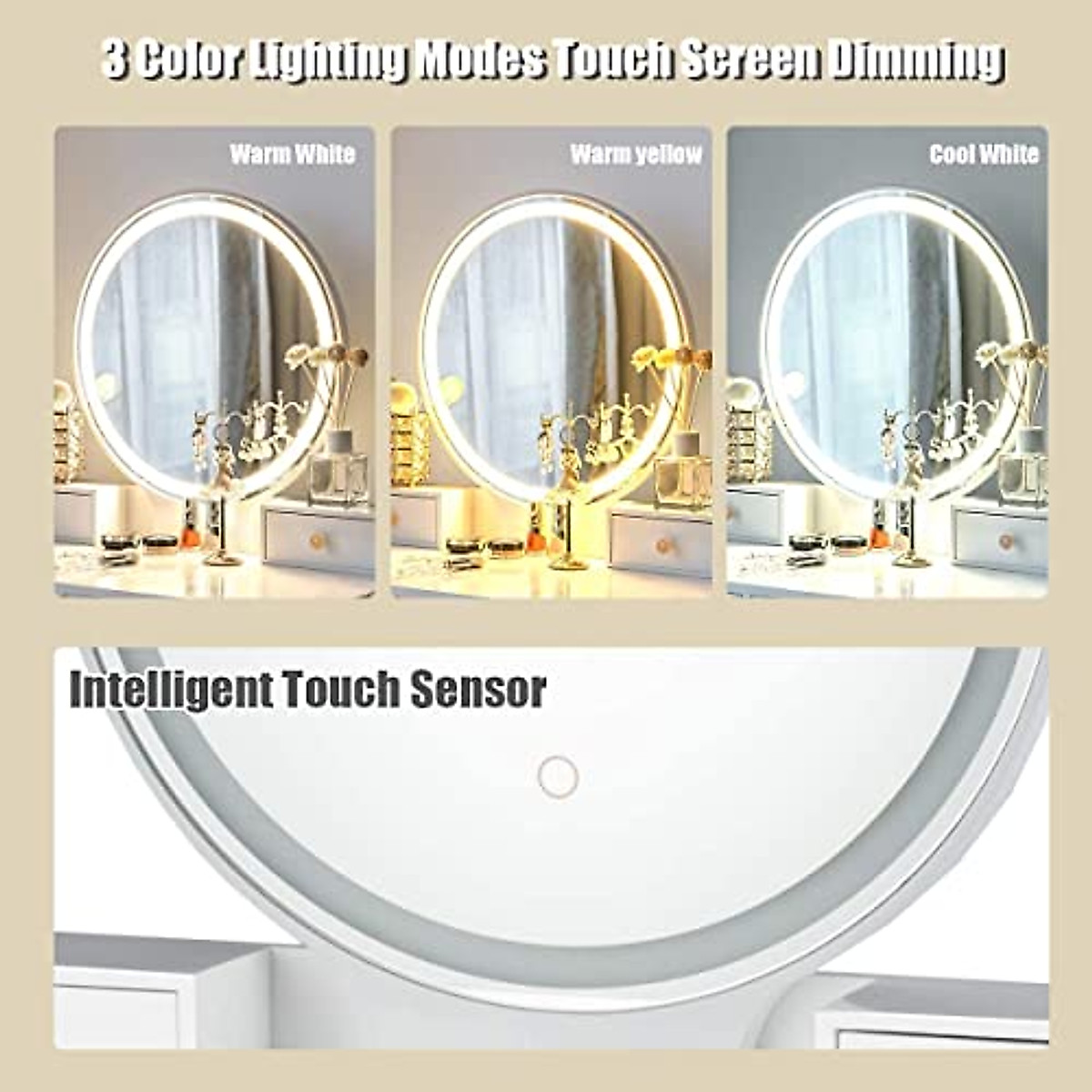 Vanity Set, Touch-Screen LED Round Mirror, Dressing Table with Cushioned Stool, 4 Storage Drawers &Spacious Desktop, 3 Adjustable Light Colors, Makeup Table and Stool Set for Women Girls, White + Gray