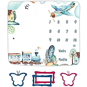 Airplane and Train Baby Monthly Milestone Blanket for Boy, Baby Blanket with Month Marker Frame, 48x40in, 1-12 Months Milestones, for Baby Showers and Newborn