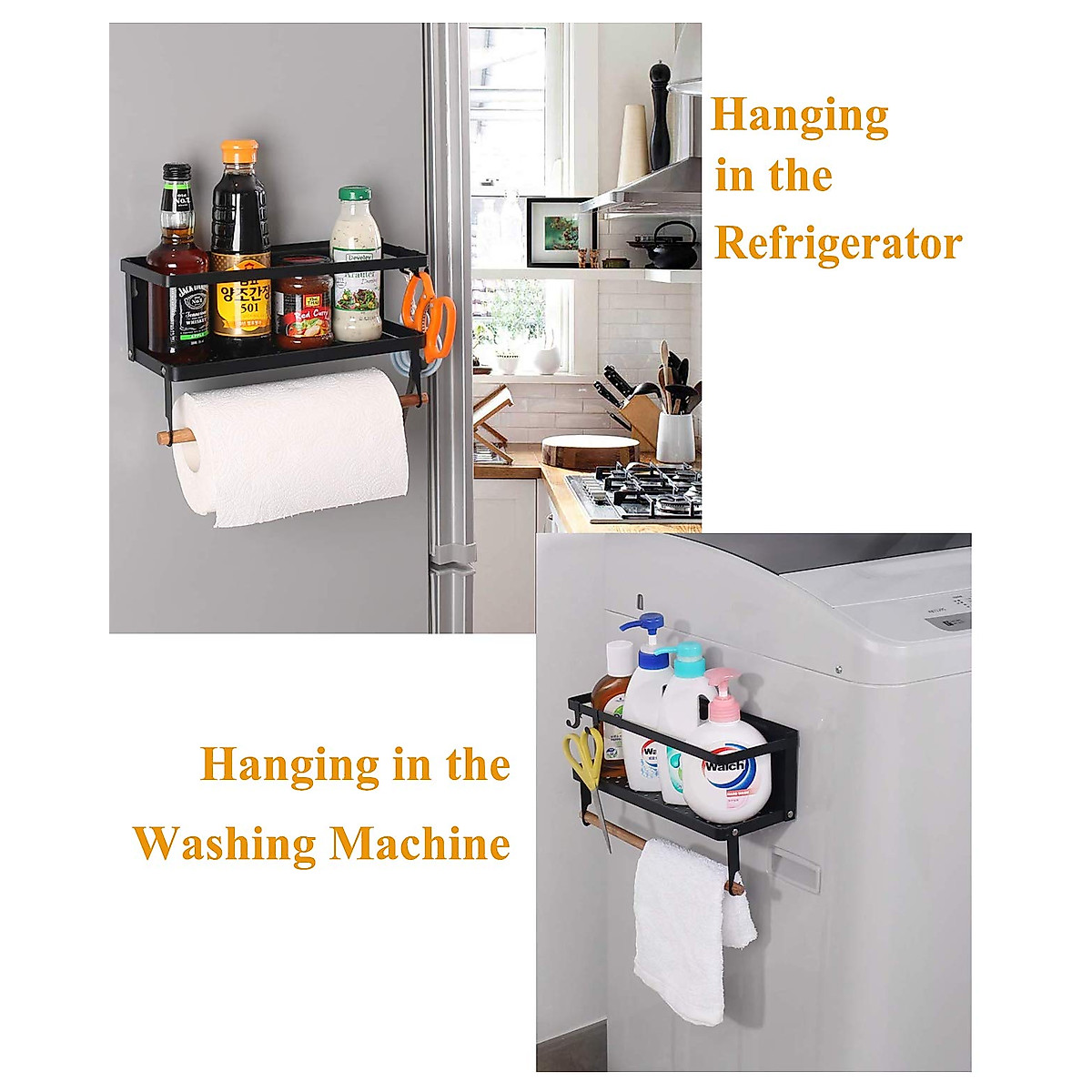 Mukkuri Magnetic Paper Towel Holder Spice Rack for Refrigerator with Hooks,Black