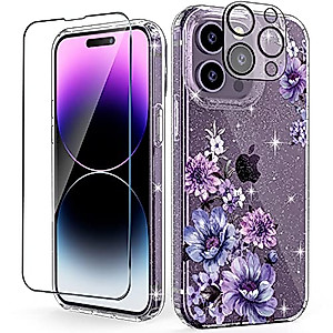 OKP (3 in 1 for iPhone 14 Pro Max Case Flower, with Screen Protector/Camera Lens Protector Cute Floral Pattern Clear Glitter Sparkly Bling Slim Hard Back Cover 6.7" for Women Girls, Purple Floral