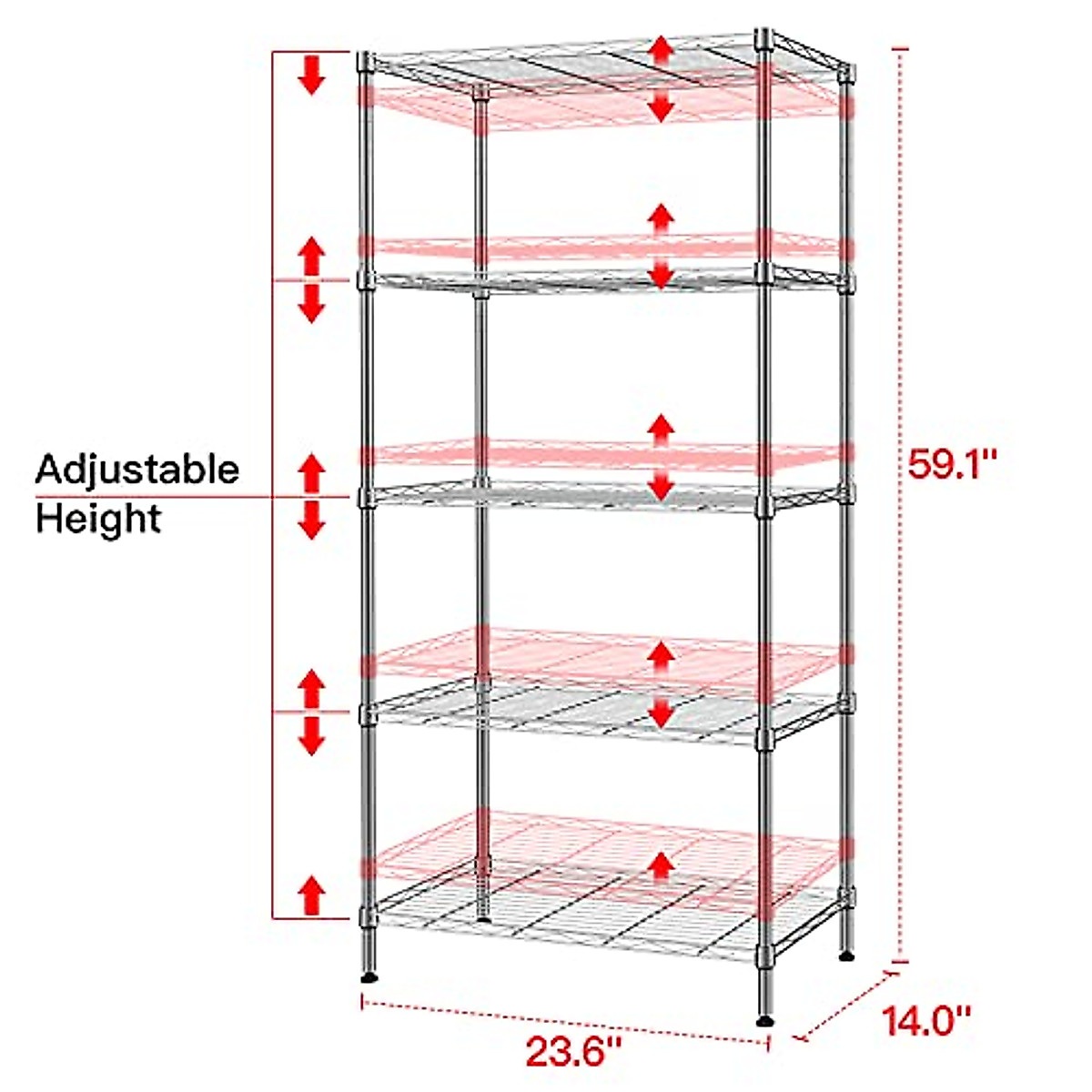 SINGAYE 5 Tier Storage Rack Wire Shelving Unit Thicken Heavy Duty Storage Shelves for Pantry Closet Kitchen Laundry 880Lbs Capacity 13.38"x 23.22"x 59.05"(DxWxH) Silver