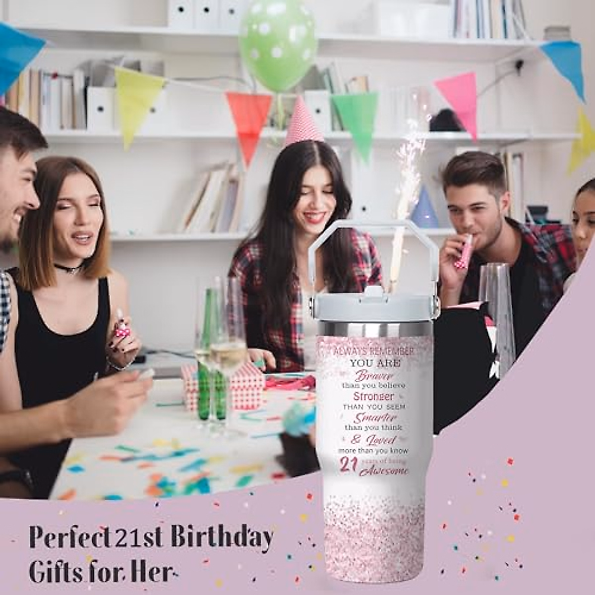 Dcohluk Cool 21st Birthday Gifts for Her 40oz Tumbler Gift for 21 Year Birthday Female, Mothers Day 21 Year Old Birthdays Gifts for Her, Stainless Steel 21st Birthdays Cup with Handle & Straw
