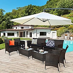 Tangkula 8 PCS Patio Rattan Conversation Set, Outdoor Wicker Furniture Set with Tempered Glass Coffee Table &Thick Cushion, Rattan Chair Wicker Set for Garden, Lawn, Poolside and Backyard (2, Black)