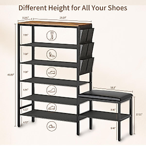 FURKO Shoe Rack with Seating Bench,Shoe Storage Organizer for Entryway,Large Capacity 6-Tier Shoe Shelf,Steel Frame Wood Top,for Closets, Hallway,47.6 * 11.8 * 43.8 Inches, Rustic Brown