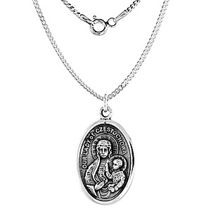 Sterling Silver Our Lady of Czestochowa Medal Pendant Oxidized finish Oval 1 inch