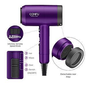 CONFU 1600W Hair Dryer, Lightweight Hair Blow Dryer, Ionic Hair Dryers with Diffuser & Concentrator & Cool Shot Button for Travel Salon Home Use, Purple