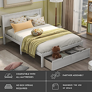 Twin Size Country Wooden Platform Bed Frames with Large Storage Drawers/Headboard, Modern Simple Platform Bed with Solid Wood Slat for Bedroom Small Living Space Boys Girls, Under Bed Storage, White