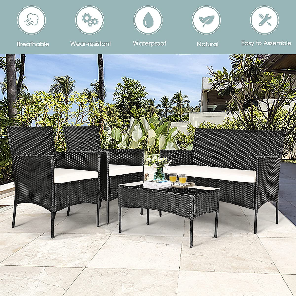 Toolsempire 4 Pieces Patio Furniture Set, Outdoor Conversation Set with Ergonomic Curved Backrest, Patio Chair Set with Water-Resistant Cushion & Tempered Glass Table for Balcony, Porch, Pool (Beige)