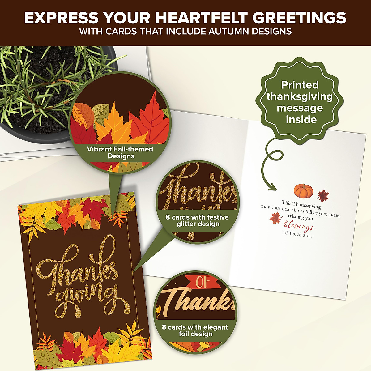 Decorably 40 Pack Foiled & Glittery Happy Thanksgiving Cards with Envelopes & Stickers - 10 Designs with Printed Message Inside Thanksgiving Greeting Cards with Envelopes, 4x6in Thanksgiving Cards Pack