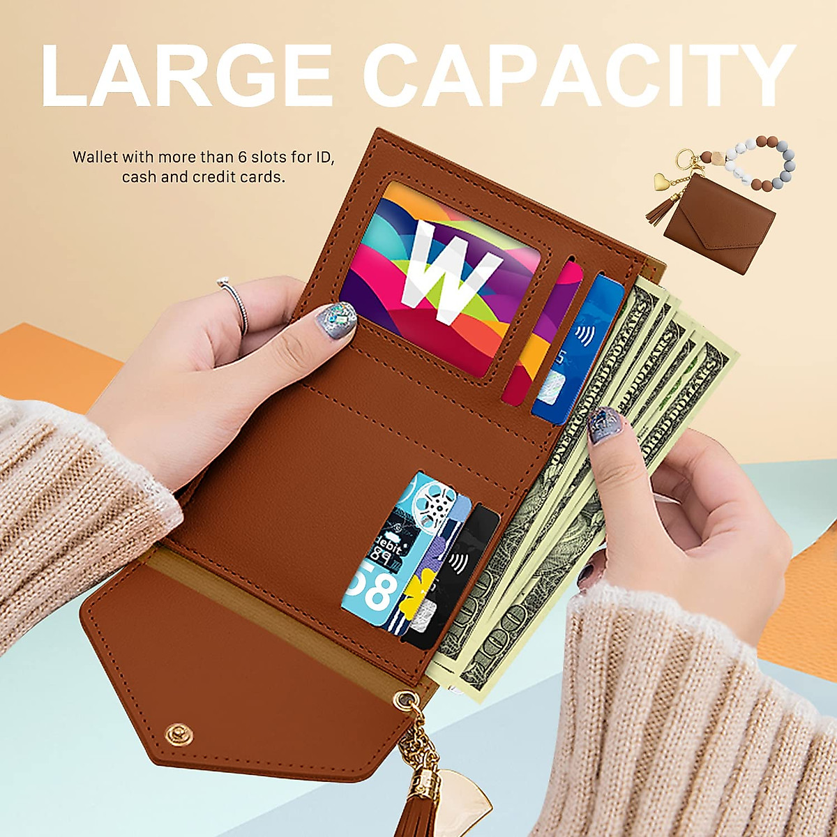 DGDFLDGC Wristlet Keychain with Wallet Elastic Silicone Beads Keychain Wristlet Wallet with Card Pocket Beaded Keychain Bracelet (Brown)