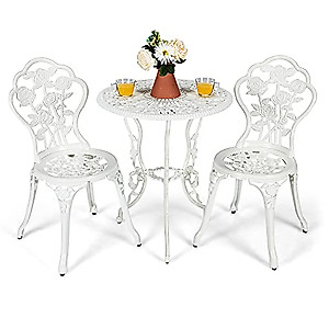 Giantex 3 Piece Bistro Set, Cast Aluminum Porch Furniture, Outdoor Patio Dining Table and Chairs with Umbrella Hole for Balcony Backyard Garden Poolside (White Rose Pattern)