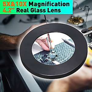 5X&10X Magnifying Glass with Light and Stand, KUVRS Flexible Magnetic Helping Hand, Large Base&Clamp Magnifying Lamp, 3 Color Adjustable Arm Desk Magnifying Glass with Light for Soldering Craft Hobby