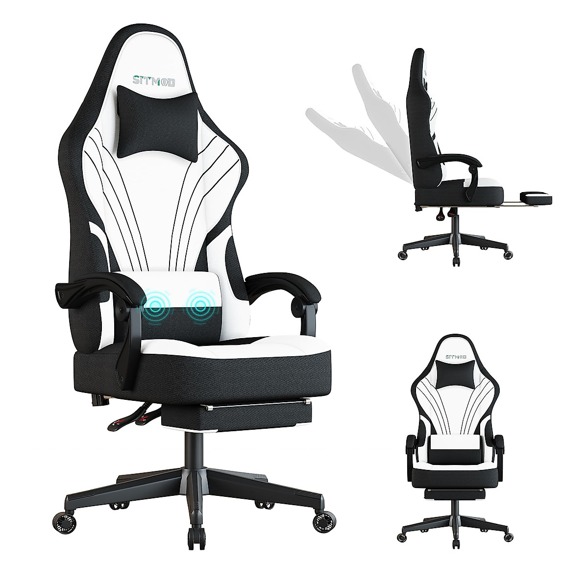 Gaming Chair,Big and Tall Gaming Chair with Footrest,Ergonomic Computer Chair,Fabric Office Chair with Lumbar Support,360 Degree Swivel and Height Adjustment,Video Gaming Chair for Adults-White