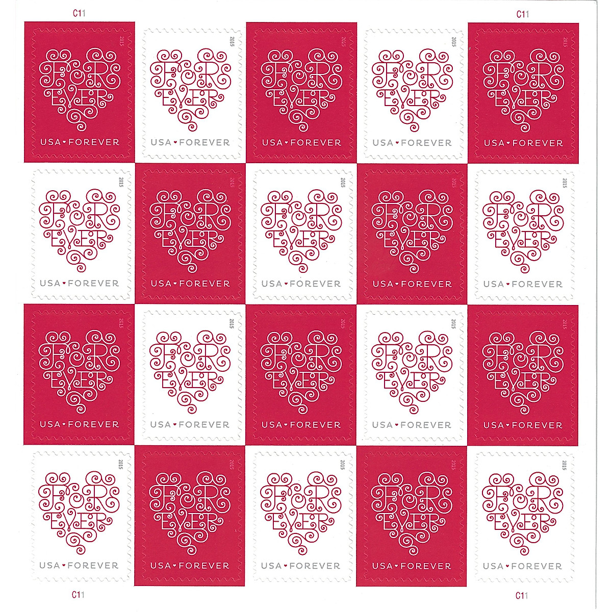 Forever Hearts Sheet of Twenty Forever Stamps - Great For Weddings Scott 4955 By USPS