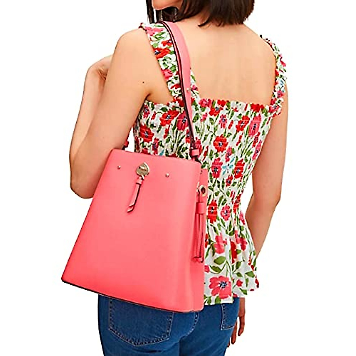 KATE SPADE NEW YORK MARTI LARGE BUCKET SHOULDER TOTE BAG GARDEN PINK LEATHER