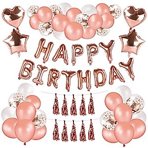 Birthday Decorations Party Balloons Banner - 72 Pcs Rose Pink Confetti Heart Star Foil Happy Birthday Balloon Backdrop Supplies with Tassels Flowers for Women Girls Kids Baby