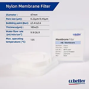 COBETTER 100 Pieces/Pack Nylon Disc Membrane Filters 47mm Diameter 0.45µm Pore Size pH 3-14