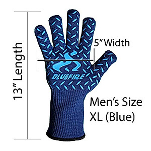 BlueFire Gloves BBQ Grill Firepit Oven Mitts Heat Resistant 932 Degrees F Lab Certified Professional Grade (X-Large, Blue)