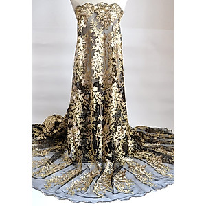 SanVera17 African Fabric Net Fabrics Nigerian Embroidered Lace Fabric for Party Dress (Gold) 5 Yards 2203-4