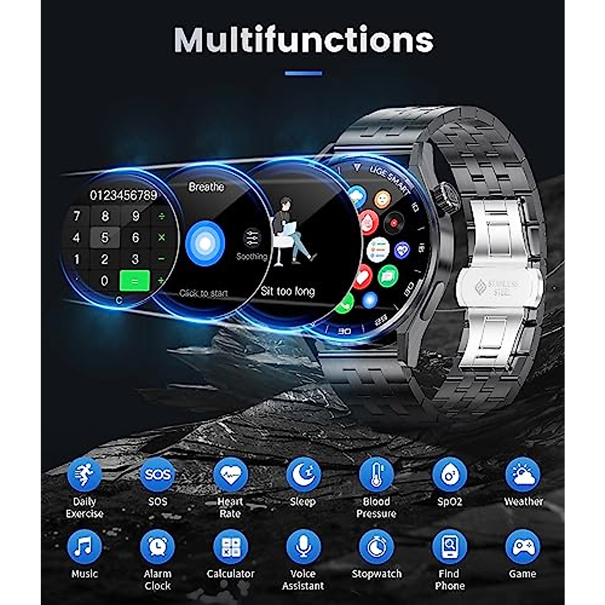 Smart Watch for Men with Bluetooth Call, Activity Fitness Tracker Blood Oxygen Heart Rate Sleep Monitor Pedometer,1.39" DIY HD Screen 100+ Sport Modes, 5ATM Waterproof iOS Android Smartwatch Black