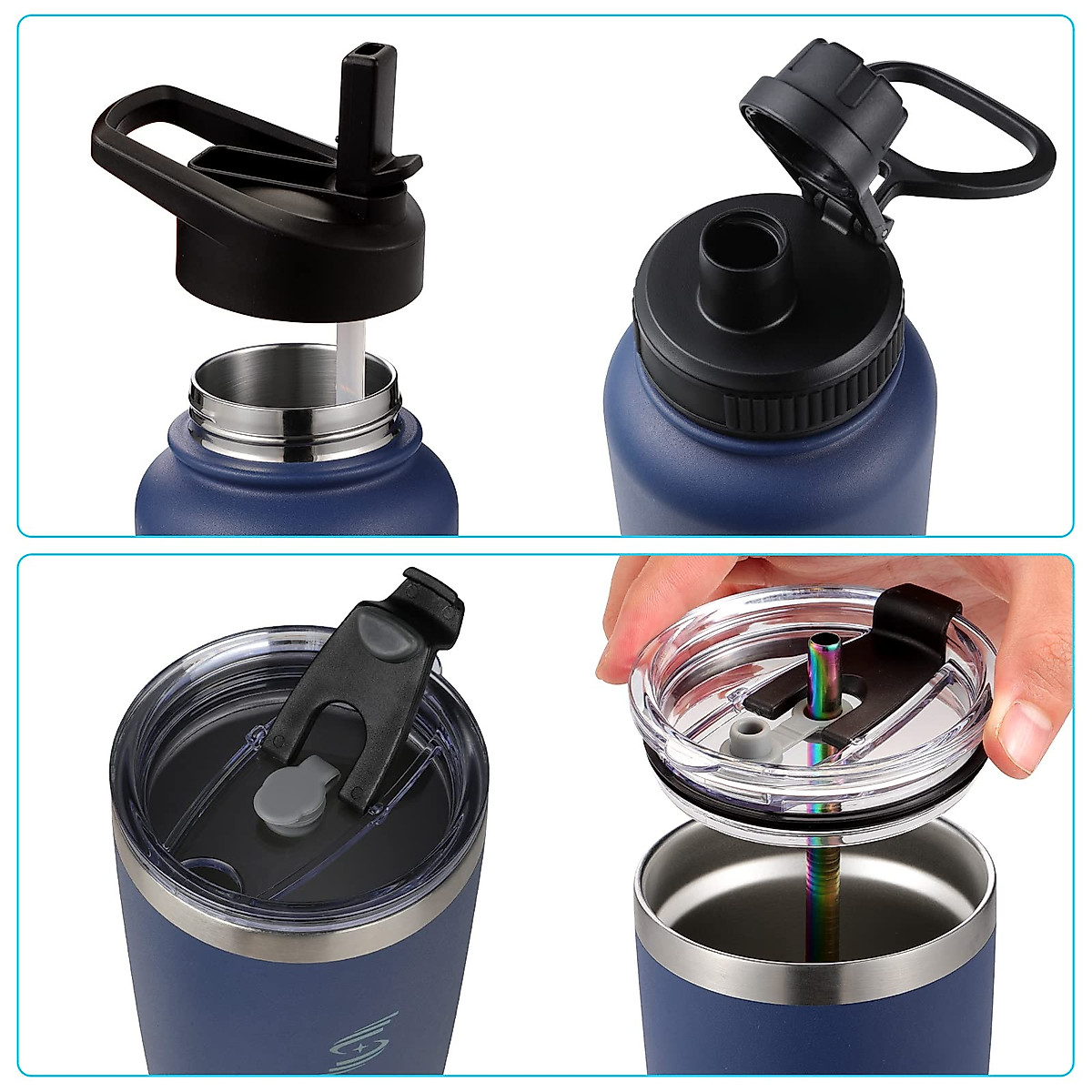 SUNNYPLUS 32oz&20oz Insulated Water Bottles,Bottle with Straw (2Lids),Travel Mug Tumbler with Straw and Lid,Leak Proof,Vacuum Double Walled Stainless Steel,Sports Bottle Keep Cold and Hot (Navy Blue)