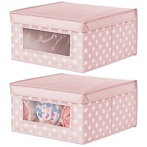 mDesign Medium Soft Stackable Fabric Baby Nursery Storage Organizer Holder Bin Box with Front Window and Lid for Child/Kids Bedroom, Playroom, Classroom - 2 Pack - Pink/White Polka Dot