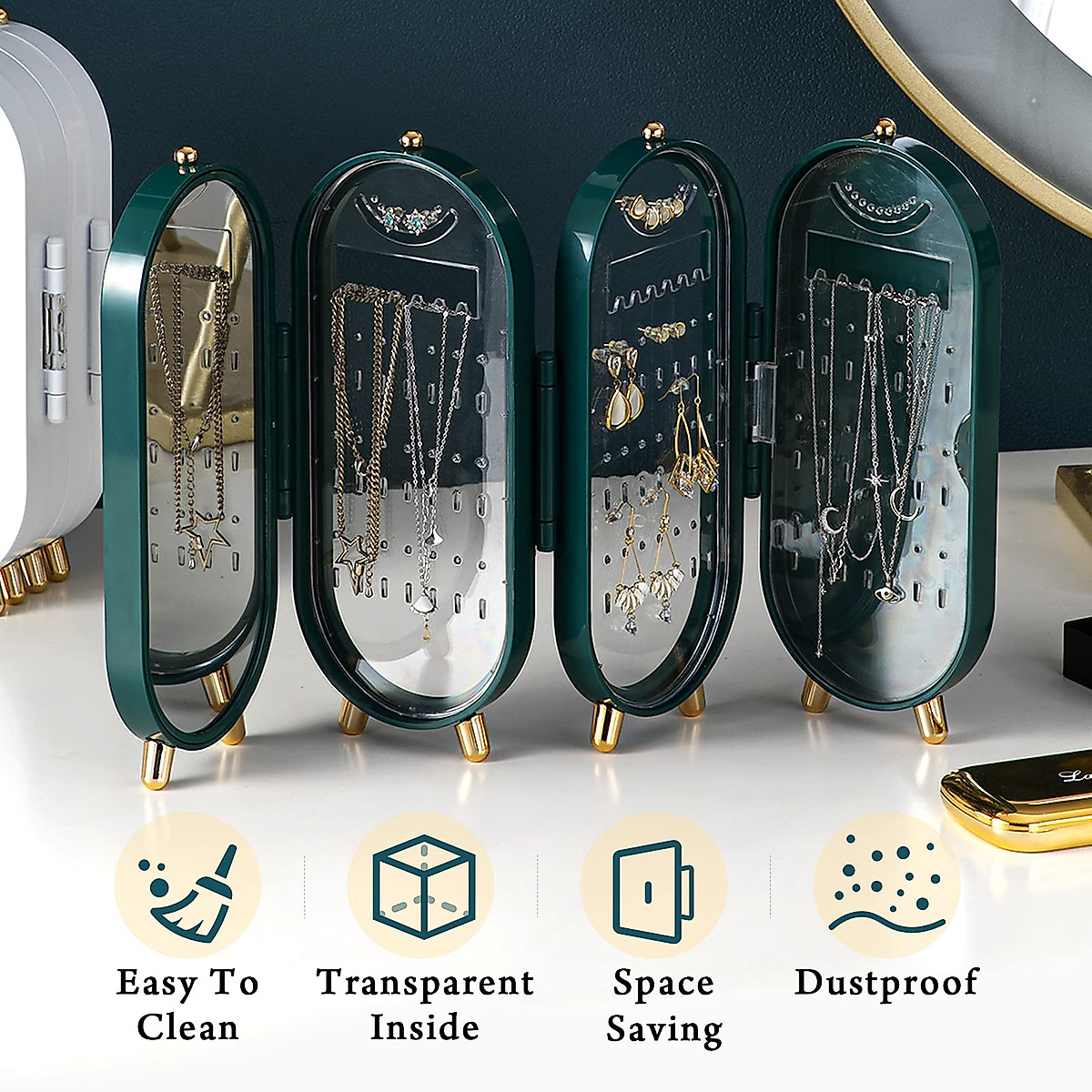 MUGFILWJ Earring Holder Stand for Women Foldable Acrylic Jewelry Display Stand Box Jewelry organizer with mirror necklace organizer Suitable for Storing Drop Earrings,Necklaces,Rings,Diamonds(white)