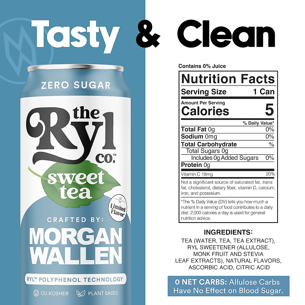 Ryl Iced Tea, Wallen's Sweet Tea, Antioxidant Superblend, Zero Sugar, Zero Carb, Low Calorie Iced Tea, 16.0 Fl Oz (12-Pack)