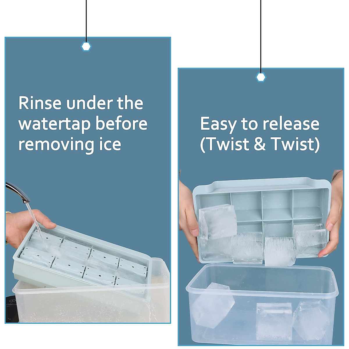 ITWIST Whiskey Ice Mold, 2.2 INCH Large Ice Cube Tray, 2 Pack Hexagon Ice Molds with Bin & Tong, Leak-free Ice Cube Molds for Cocktails Whiskey Bourbon Scotch-Easy Fill & Remove(Blue)