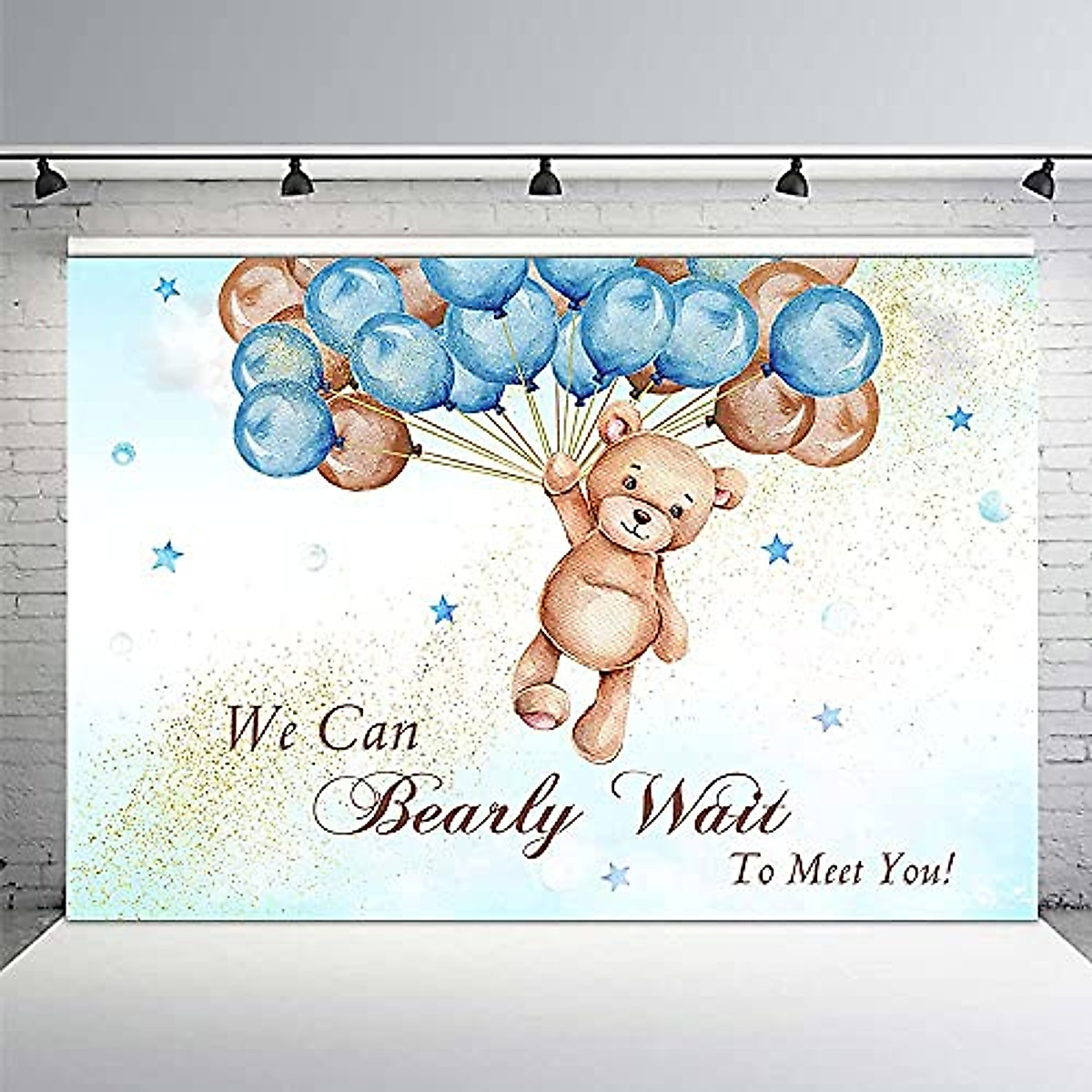 MEHOFOND 7x5ft Bear Boy Baby Shower Backdrop We Can Bearly Wait to Meet You Blue Brown Balloons Gold Glitter Photography Background Party Banner Cake Table Decor Photo Booth Props Supplies