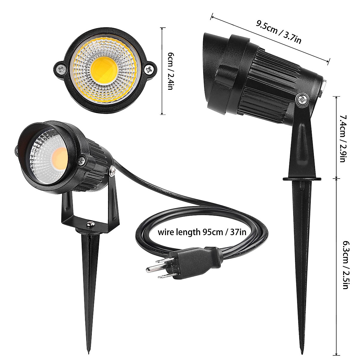 LemonBest Outdoor Landscape Lighting Plug in 5W COB LED Garden Wall Yard Path Spot Light w/Spiked Stand, Pack of 2 Warm White with AC Power Plug