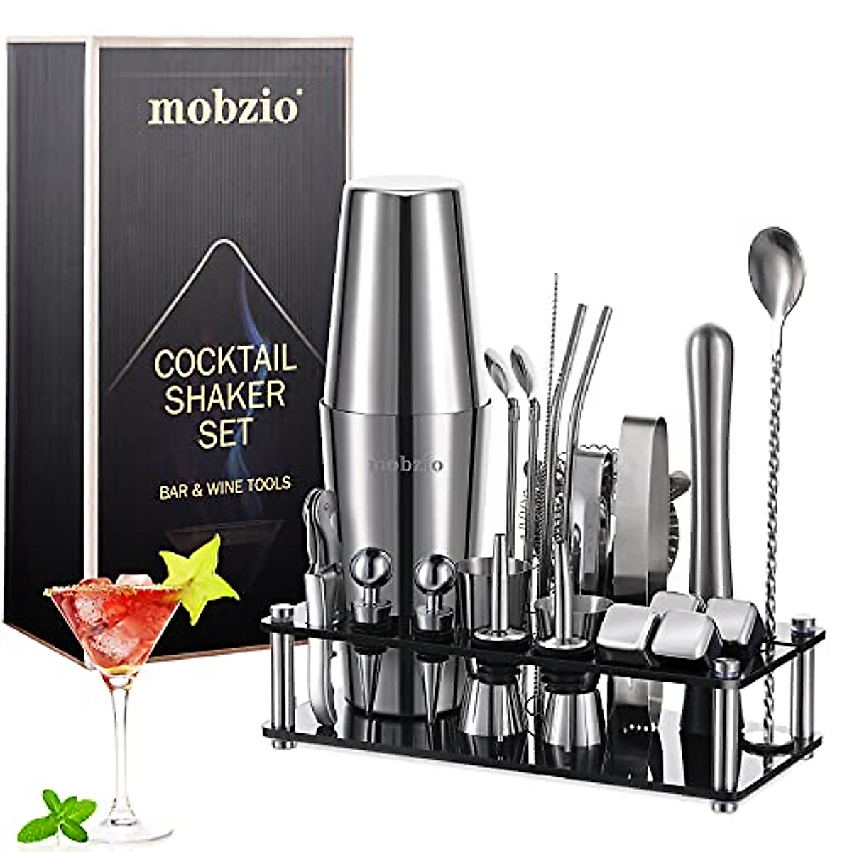 Cocktail Shaker Set Bartender Kit, 23 PCS Boston Shaker Tool Set with Stand, Drink Mixer Martini Shaker Bartending Kit, Bar Tools Bartender Tool Kit, mobzio Bar Accessories for The Home Bar Set