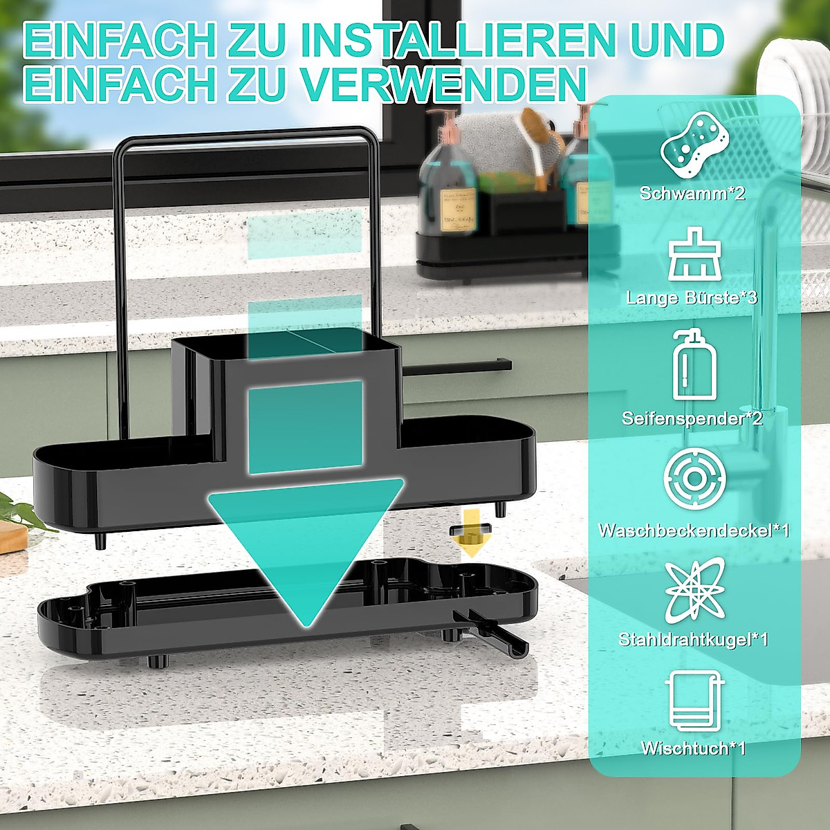 FUNKYLEE Sponge Holder for Kitchen Sink, Sink Caddy with Brush Holder, Kitchen Sink Organizer and Storage, for Sponges, Hand and Dish Soap Dispensers, Dish Brushes and Towels