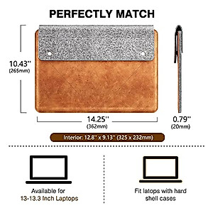 MoKo 13-13.3 Inch Laptop Sleeve Fits MacBook Pro 13" M2/M1, MacBook Pro 14", MacBook Air 13.3", iPad Pro 12.9", Surface Pro 9/8 13", Felt & PU Leather Case Bag with Pocket, Gray&Brown