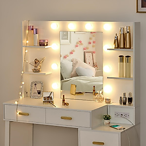 ANWBROAD Makeup Vanity Desk Vanity Set with 10 LED Bulbs Lighted Mirror Makeup Vanity Table Set with Charging Station Nightstand 3 Colors Modes Dimming Cushioned Stool Large Mirror White UBDT53W