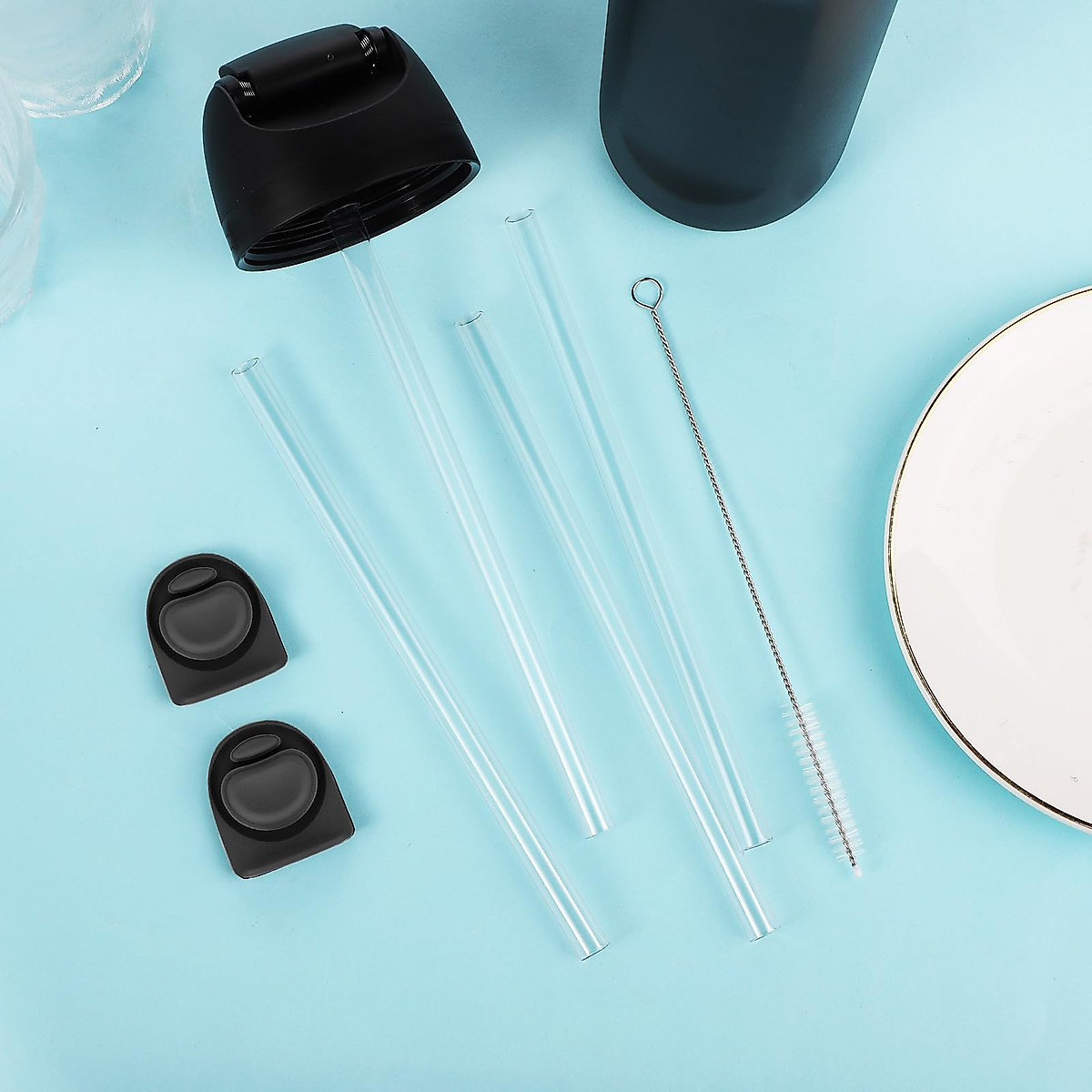 2pcs Replacement Stopper Cap Compatible with Owala Freesip 24oz 32oz, with 4 Reusable Replacement Plastic Straws 1 Cleaning Brush Seal Water Bottle Top Lid Accessories