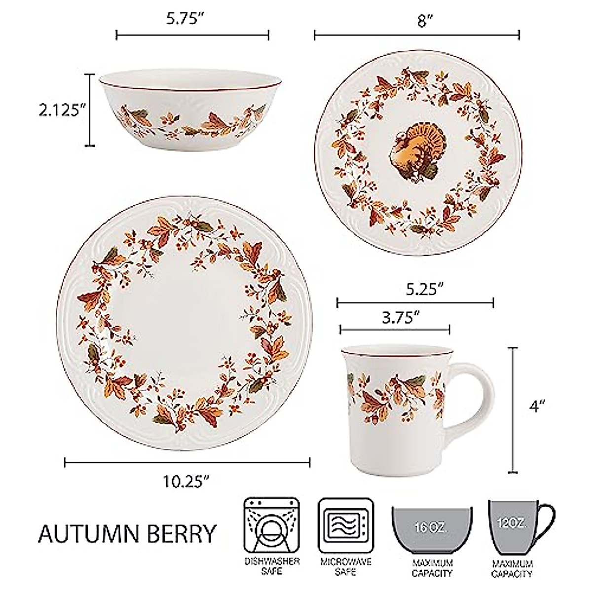 Pfaltzgraff Autumn Berry 16 Piece Dinnerware Set, Service for 4, Multi Colored