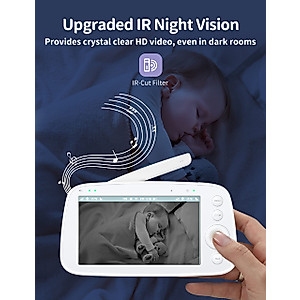 Video Baby Monitor, 5” Split Screen Video Baby Camera with 720P Resolution, Pan-Tilt-Zoom Camera and Audio with Two-Way Talk, VOX Mode, 4500mAh Battery, Auto Night Vision, No Wi-Fi, 5 Lullabies