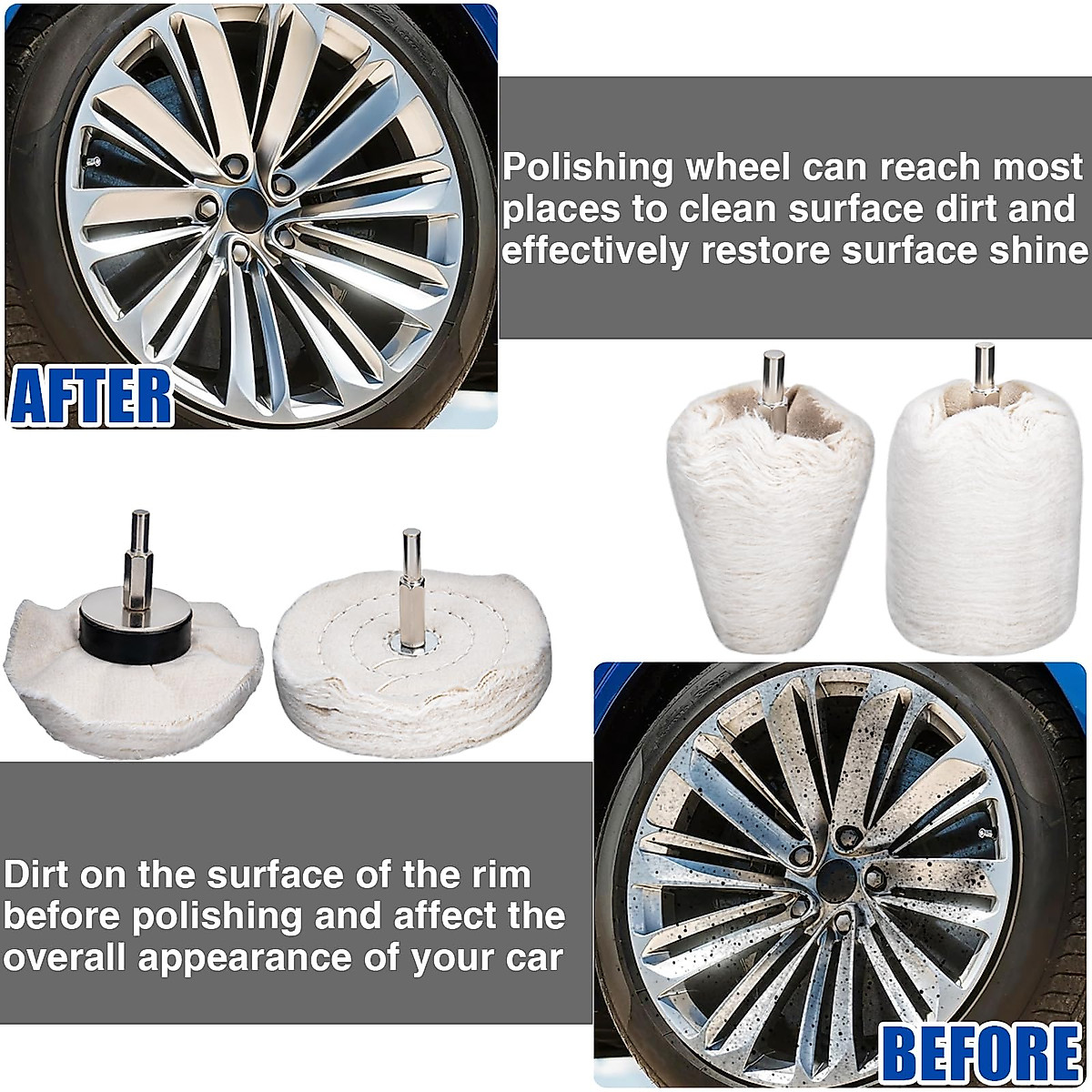 Buffing Wheel for Drill, 11Pcs Wheel Polishing Kit Polishing Wheel for Drill with 0.25" Hex Shafts, Wheel Shaped Polishing Tool for Aluminum Chrome Car Headlight Rim Jewelry Glass Wood Plastic Ceramic