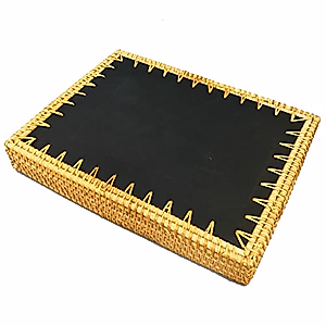 I-lan 14 Inch Rectangular Rattan Woven Tray Basket with Light Blue MOP Wooden Base and Handles, Boho Wicker Coffee Table Serving Tray Décor with 2 Inch Wall, Handmade Display Basket for Dining Room