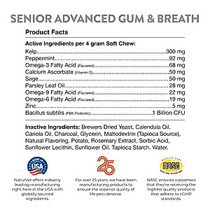 NaturVet Senior Advanced Gum & Breath Dog Supplement – Includes Peppermint, Parsley Leaf to Help Promote Periodontal Health, Fresh Breath for Dogs – 45 Ct. Soft Chews