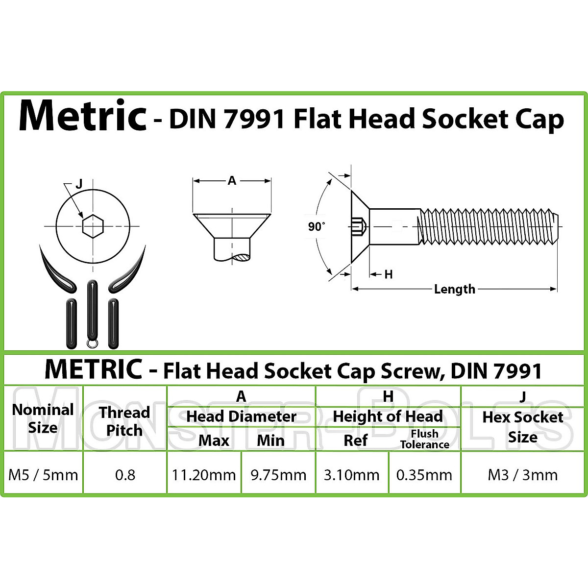 MonsterBolts - M5 x 16mm Flat Head Socket Cap Screws, DIN 7991, Alloy Steel, Black Oxide, 20 Pack