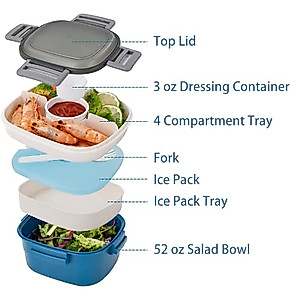 Freshmage Salad Container for Lunch with Ice Pack, Leakproof BPA-Free 52-oz Lunch Container with 4 Compartments, Salad Lunch Container for Men, Women (Blue+Ice Pack)